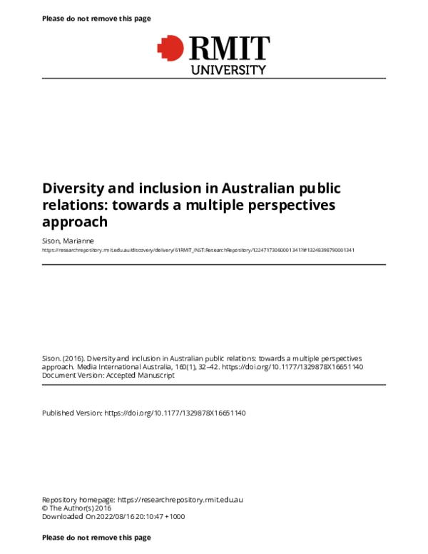 (PDF) Diversity and inclusion in Australian public relations: towards a multiple perspectives ...