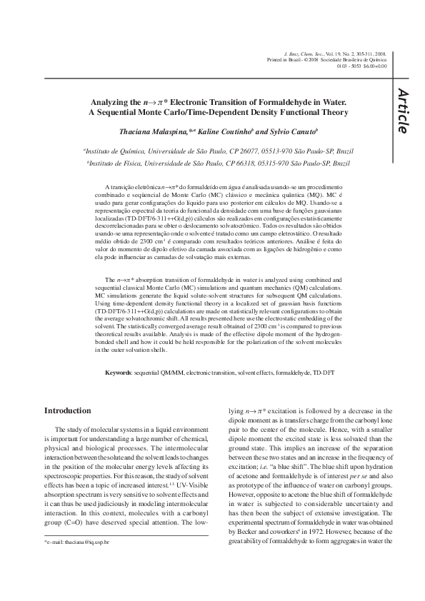 (PDF) Analyzing the n ®p * electronic transition of formaldehyde in water: a sequential Monte ...