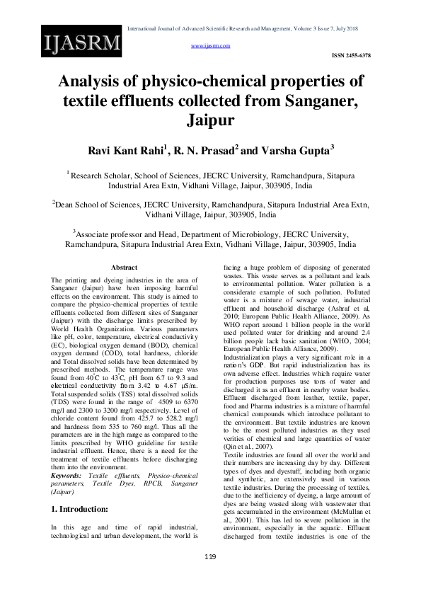 (PDF) Analysis of physico-chemical properties of textile effluents collected from Sanganer, Jaipur