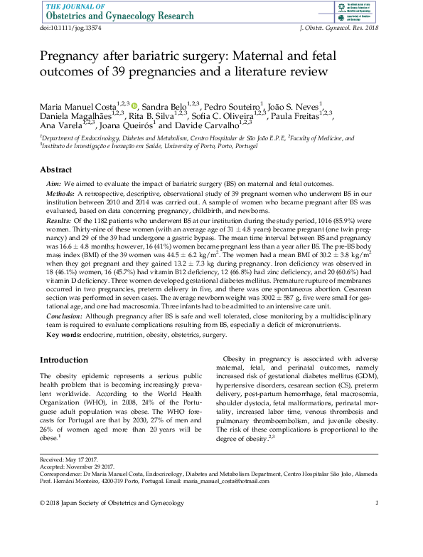 (PDF) Pregnancy after bariatric surgery: Maternal and fetal outcomes of 39 pregnancies and a ...