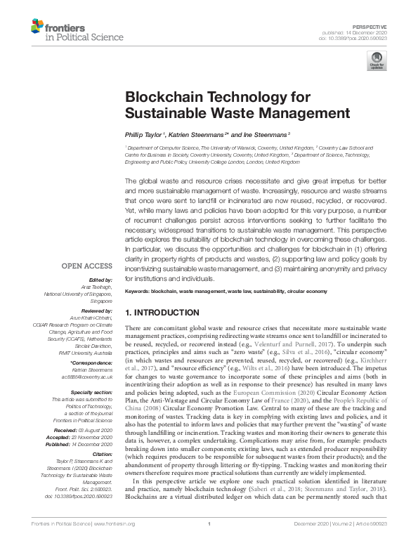 (PDF) Blockchain Technology for Sustainable Waste Management