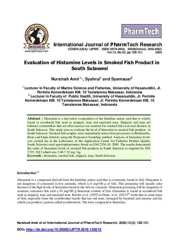 (PDF) Evaluation of Histamine Levels in Smoked Fish Product in South ...