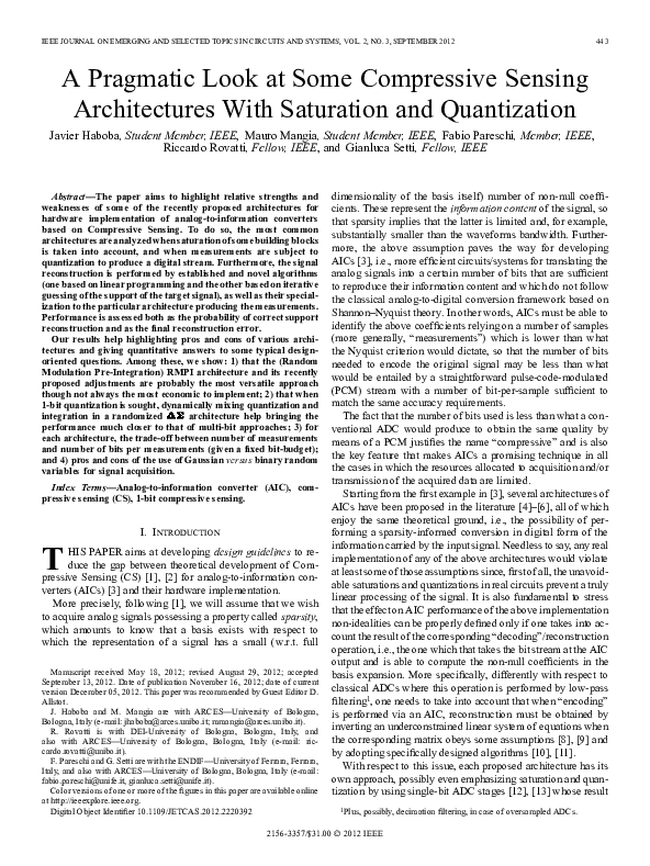 (PDF) A Pragmatic Look at Some Compressive Sensing Architectures With Saturation and Quantization