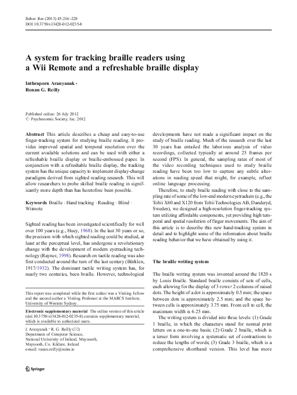 (PDF) A system for tracking braille readers using a Wii Remote and a ...