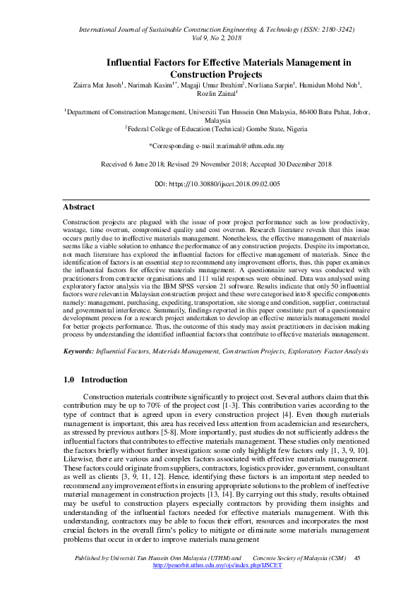 (PDF) Influential Factors for Effective Materials Management in Construction Projects