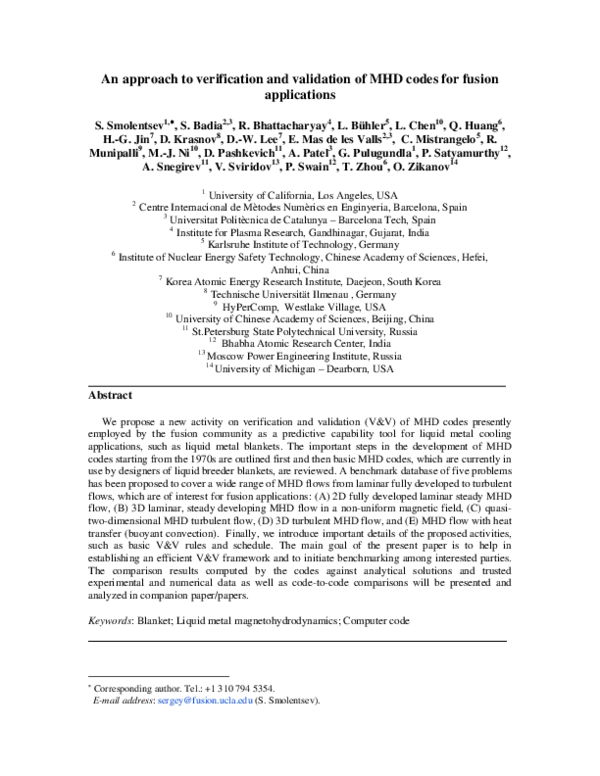 (PDF) Verification and Validation of MHD Codes for Fusion Applications