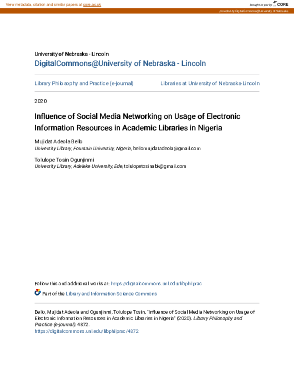 (PDF) Influence of Social Media Networking on Usage of Electronic ...