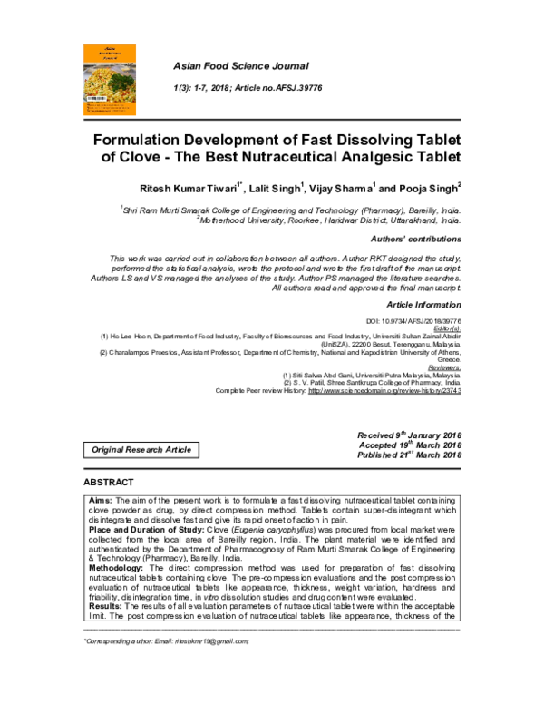 Pdf Formulation Development Of Fast Dissolving Tablet Of Clove The Best Nutraceutical