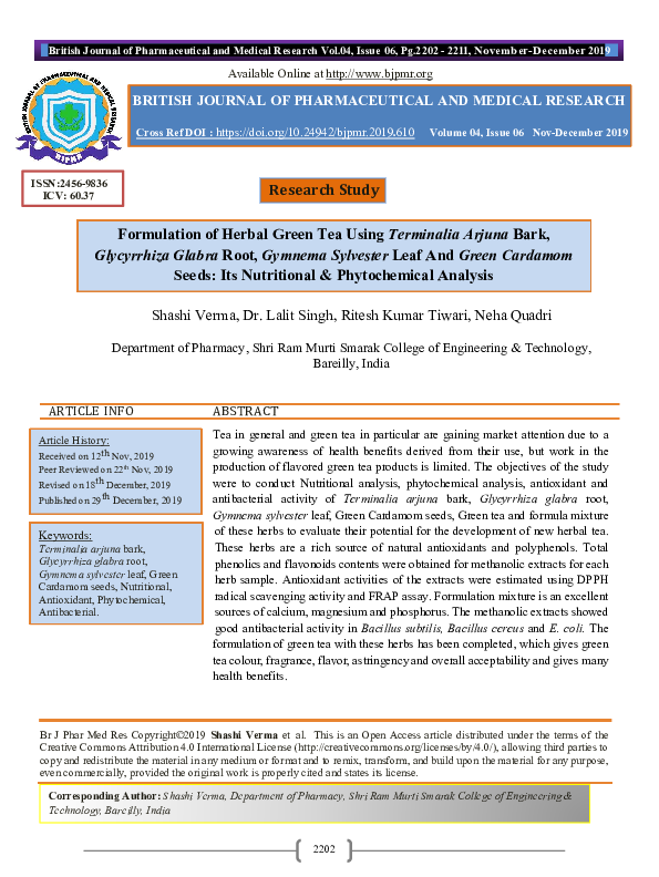 (PDF) Formulation of Herbal Green Tea Using Terminalia Arjuna Bark ...