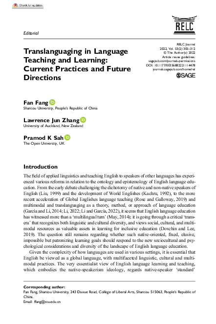 (PDF) Editorial: Translanguaging in Language Teaching and Learning: Current Practices and Future ...