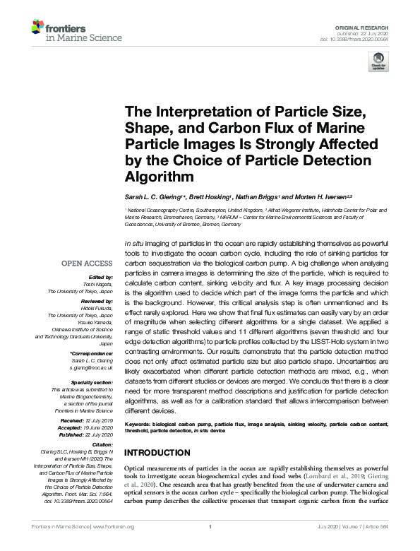 (PDF) The Interpretation of Particle Size, Shape, and Carbon Flux of Marine Particle Images Is ...