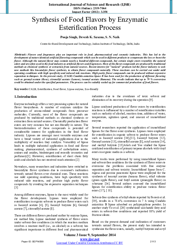 (PDF) Synthesis of Food Flavors by Enzymatic Esterification Process