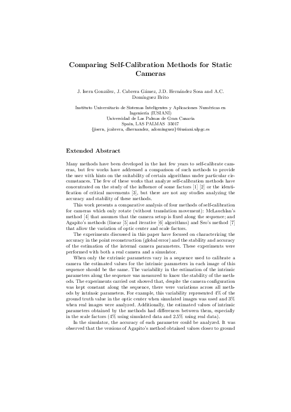 Pdf Comparing Self Calibration Methods For Static Cameras