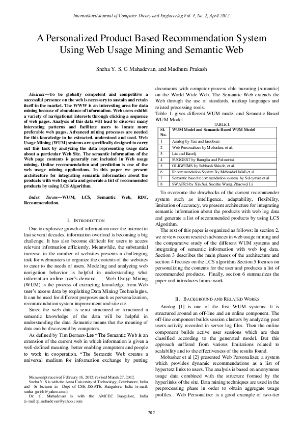 Pdf A Personalized Product Based Recommendation System Using Web Usage Mining And Semantic Web