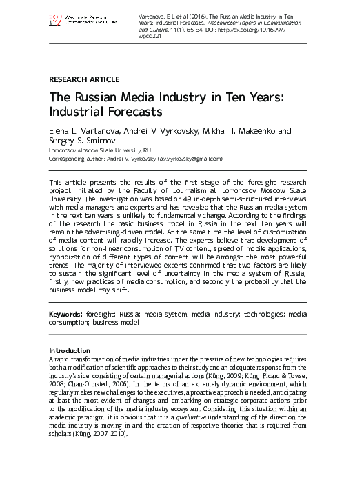 (PDF) The Russian Media Industry in Ten Years: Industrial Forecasts