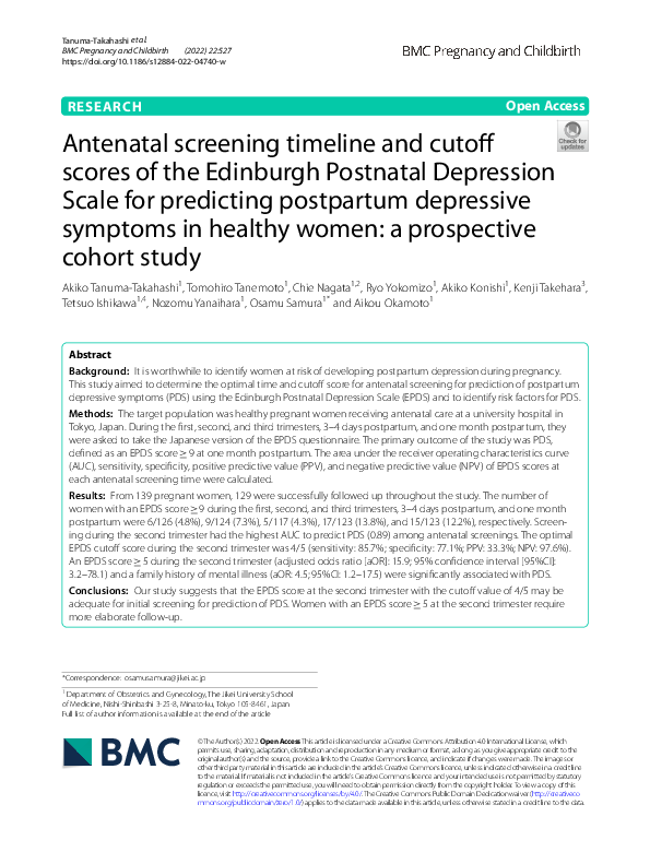 (PDF) Antenatal screening timeline and cutoff scores of the Edinburgh ...