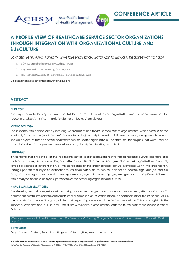 (PDF) A Profile View of Healthcare Service Sector Organizations through ...