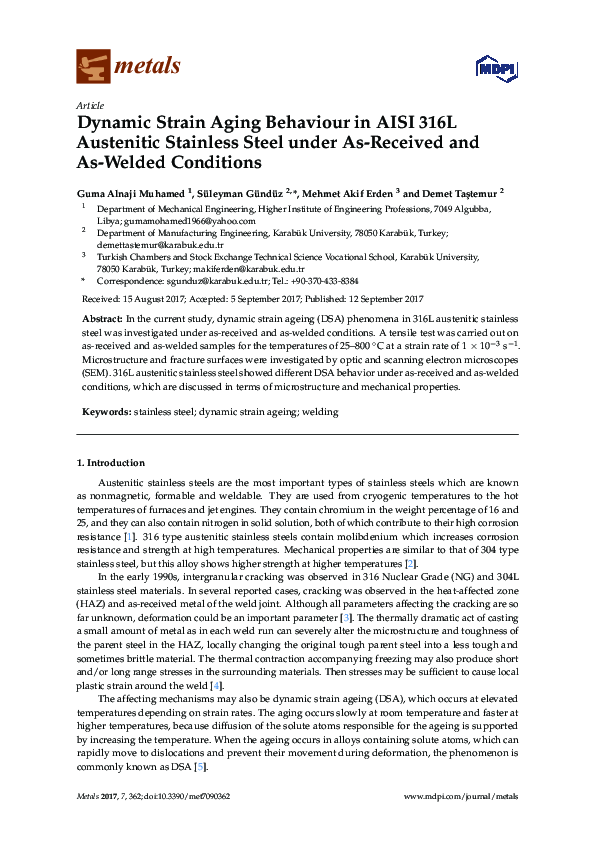 (PDF) Dynamic Strain Aging Behaviour in AISI 316L Austenitic Stainless ...