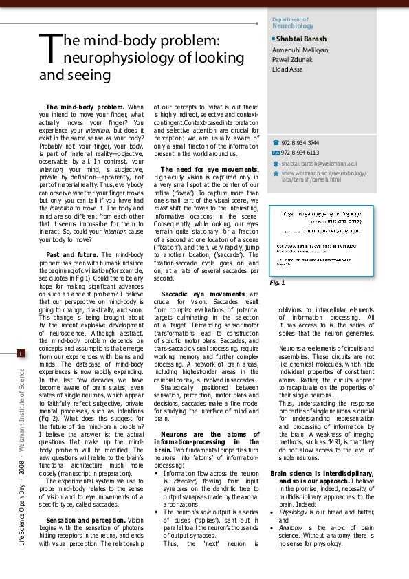 (PDF) The mind-body problem: neurophysiology of looking and seeing