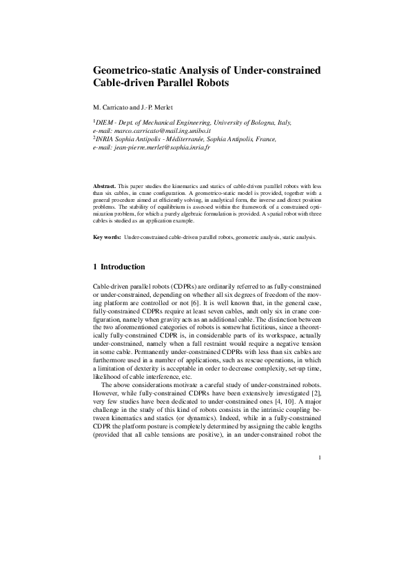 Pdf Geometrico Static Analysis Of Under Constrained Cable Driven Parallel Robots Jean Pierre
