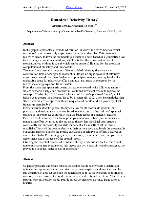 (PDF) Remodeled Relativity Theory