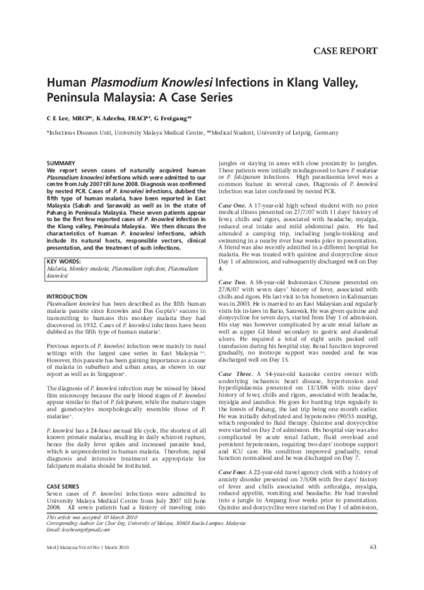 (PDF) Human Plasmodium knowlesi infections in Klang Valley, Peninsula ...