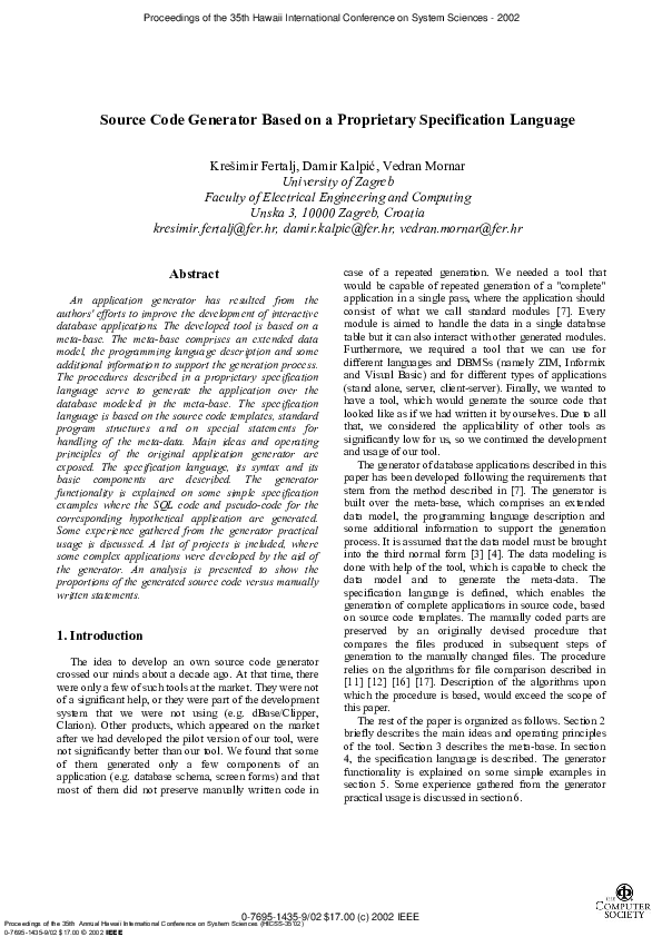 (PDF) Source code generator based on a proprietary specification language