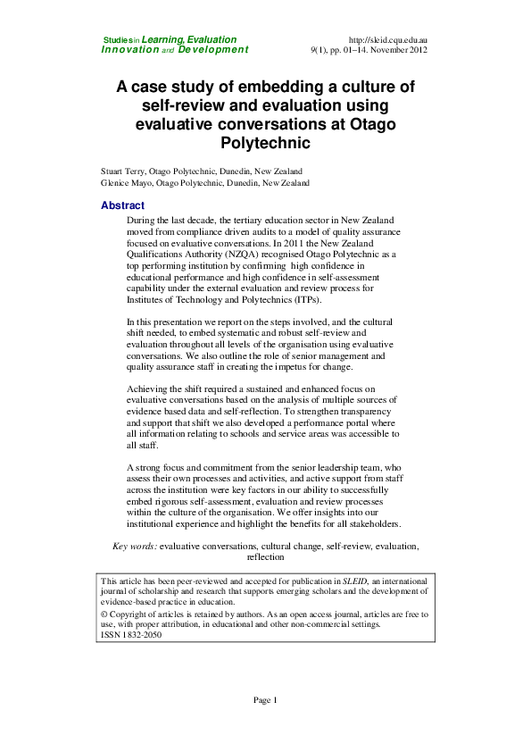 (PDF) Innovation and Development A case study of embedding a culture of self-review and ...