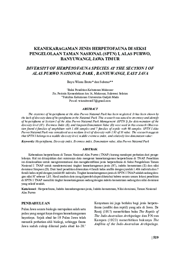 (PDF) Diversity of Herpetofauna Species at the Section I of Alas Purwo National Park ...