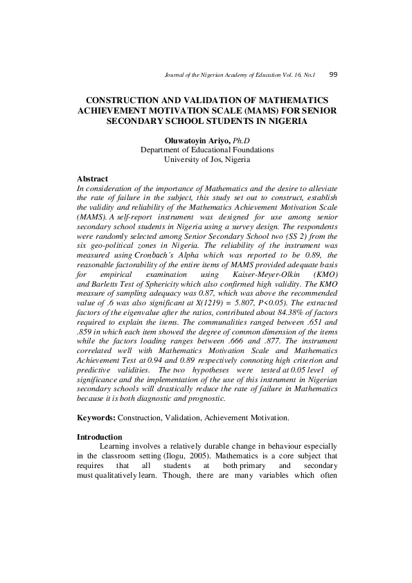 (PDF) Construction and Validation of Mathematics Achievement Motivation Scale (Mams) for Senior ...
