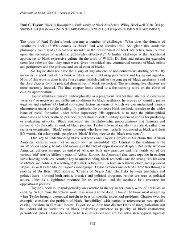 (PDF) Paul C. Taylor , Black is Beautiful: A Philosophy of Black ...