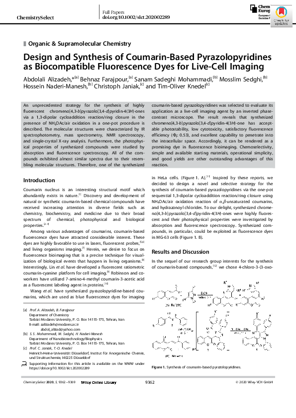 (PDF) Design and Synthesis of Coumarin‐Based Pyrazolopyridines as Biocompatible Fluorescence ...