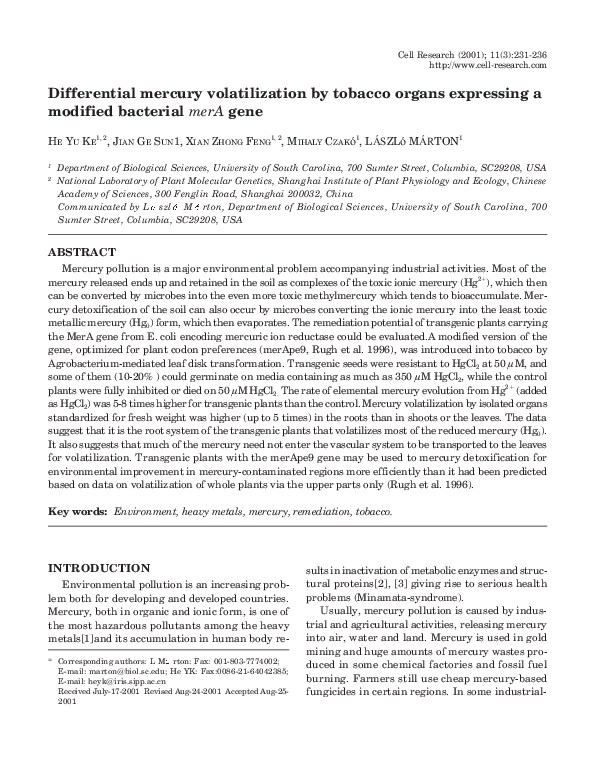 (PDF) Differential mercury volatilization by tobacco organs expressing ...