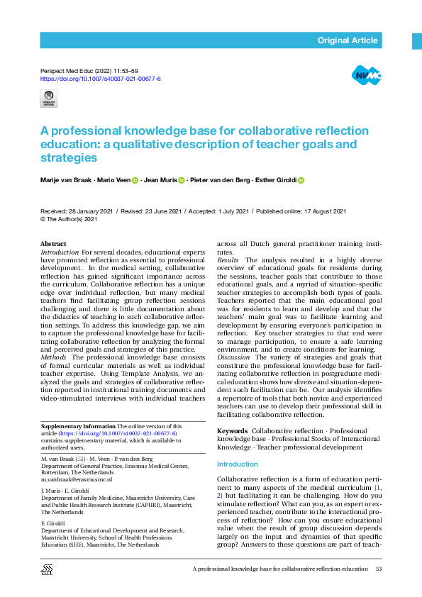 (PDF) A professional knowledge base for collaborative reflection ...