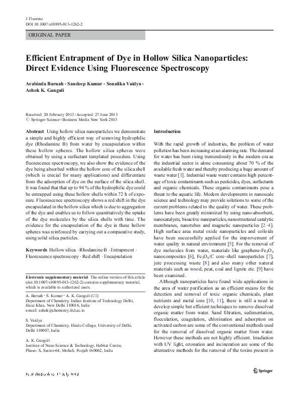 (PDF) Efficient Entrapment of Dye in Hollow Silica Nanoparticles ...