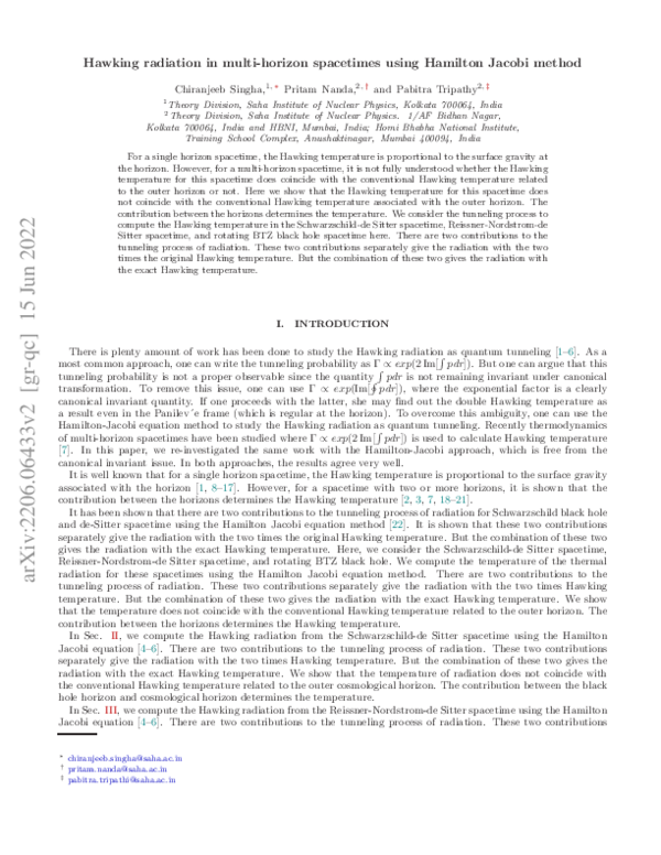 (PDF) Hawking radiation in multi-horizon spacetimes using Hamilton ...