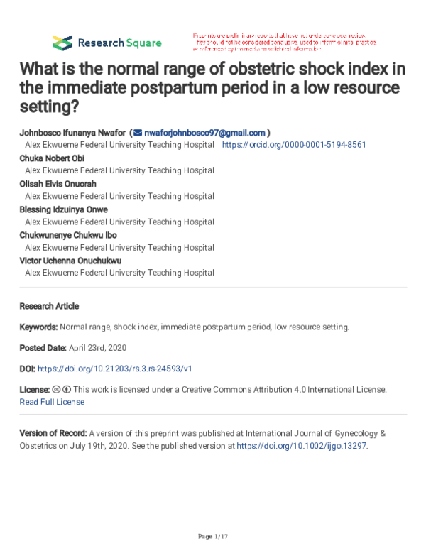 (PDF) What is the normal range of obstetric shock index in the ...