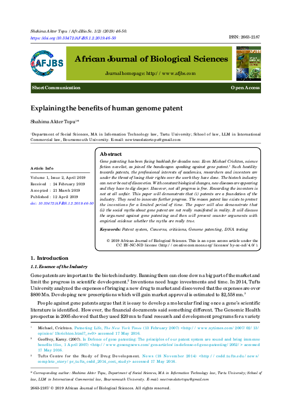 (PDF) Explaining the benefits of human genome patent