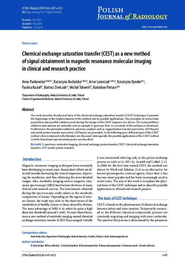 (PDF) CEST Technique in MRI: Applications and Data Analysis