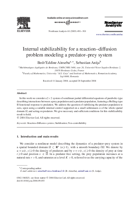 (PDF) Internal stabilizability for a reaction–diffusion problem modeling a predator–prey system