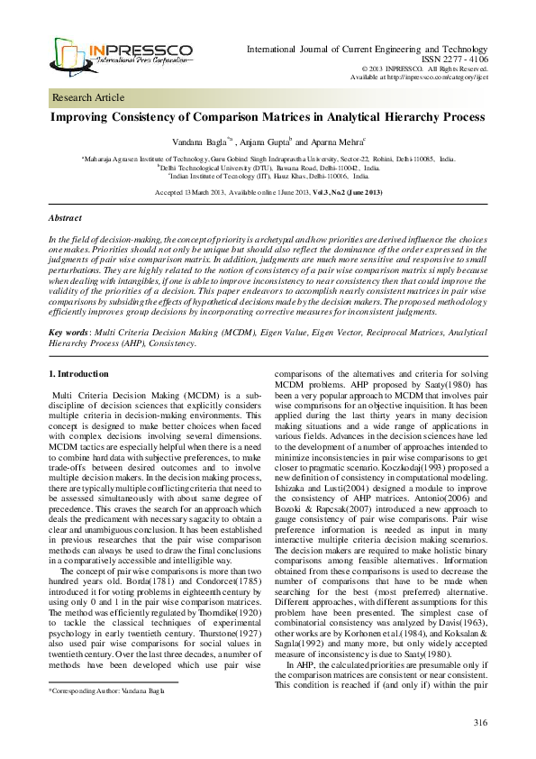 Pdf Improving Consistency Of Comparison Matrices In Analytical Hierarchy Process