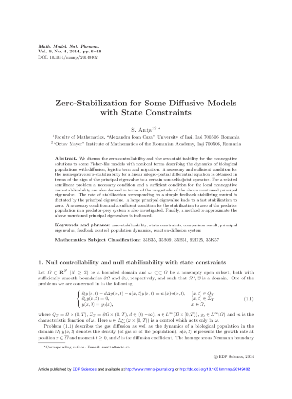 (PDF) Zero-Stabilization for Some Diffusive Models with State Constraints | Sebastian Anita ...