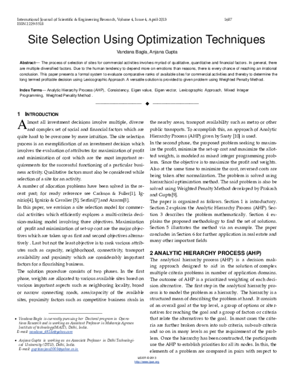 (PDF) Site Selection Using Optimization Techniques