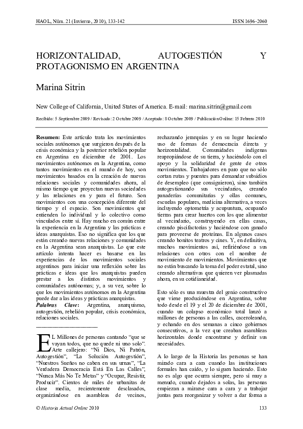 (PDF) Horizontalidad, autogestión y protagonismo en Argentina | Marina ...