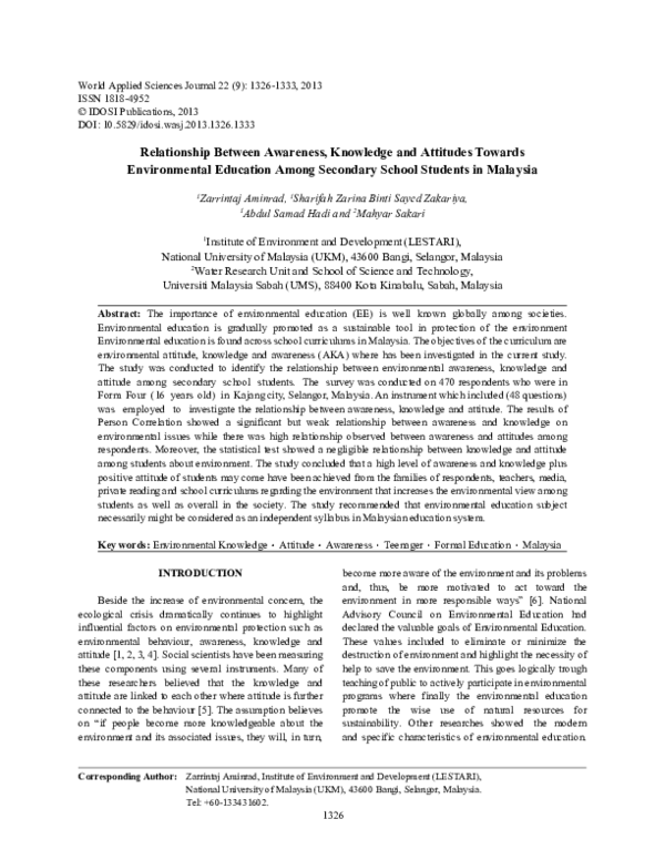 (PDF) Relationship Between Awareness, Knowledge and Attitudes Towards Environmental Education ...