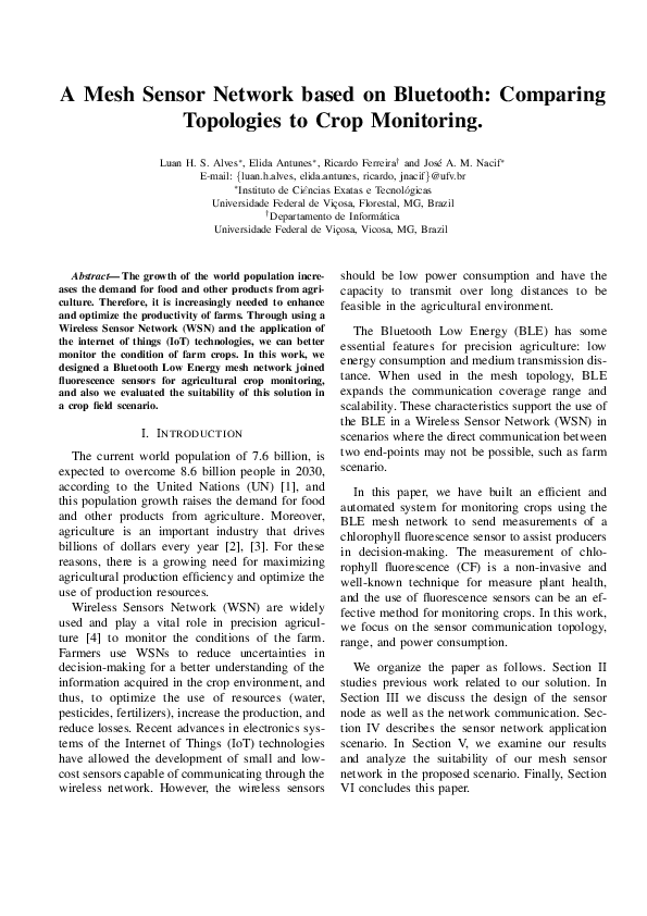 (PDF) A Mesh Sensor Network based on Bluetooh: Comparing Topologies to Crop Monitoring
