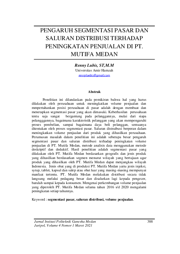 (PDF) Pengaruh Segmentasi Pasar Dan Saluran Distribusi Terhadap Peningkatan Penjualan DI Pt ...