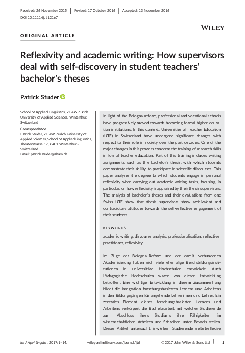 (PDF) Reflexivity and academic writing: How supervisors deal with self ...