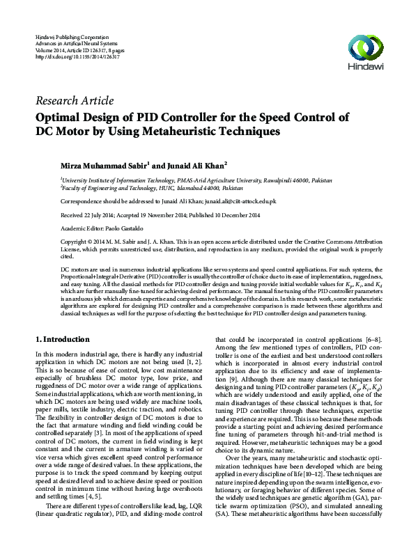 Pdf Optimal Design Of Pid Controller For The Speed Control Of Dc Motor By Using Metaheuristic