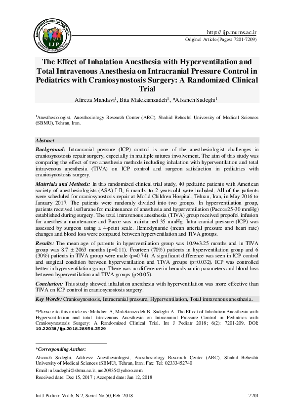 (PDF) The Effect of Inhalation Anesthesia with Hyperventilation and Total Intravenous Anesthesia ...